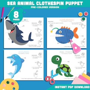 Sea Animal Clothespin Puppet Craft: 8-page Printable Set With 4 Unique ...