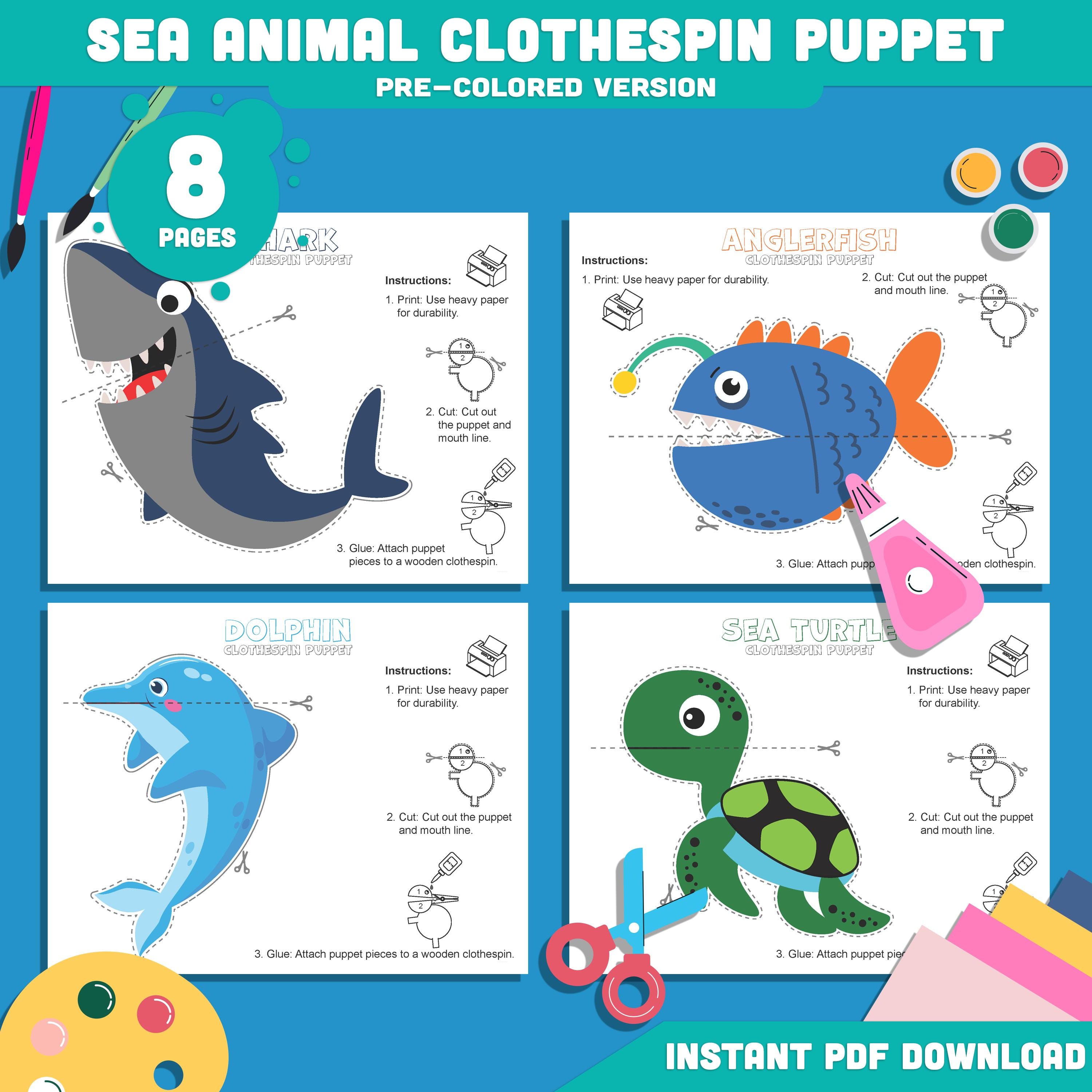 Sea Animal Clothespin Puppet Craft: 8-page Printable Set With 4 Unique ...