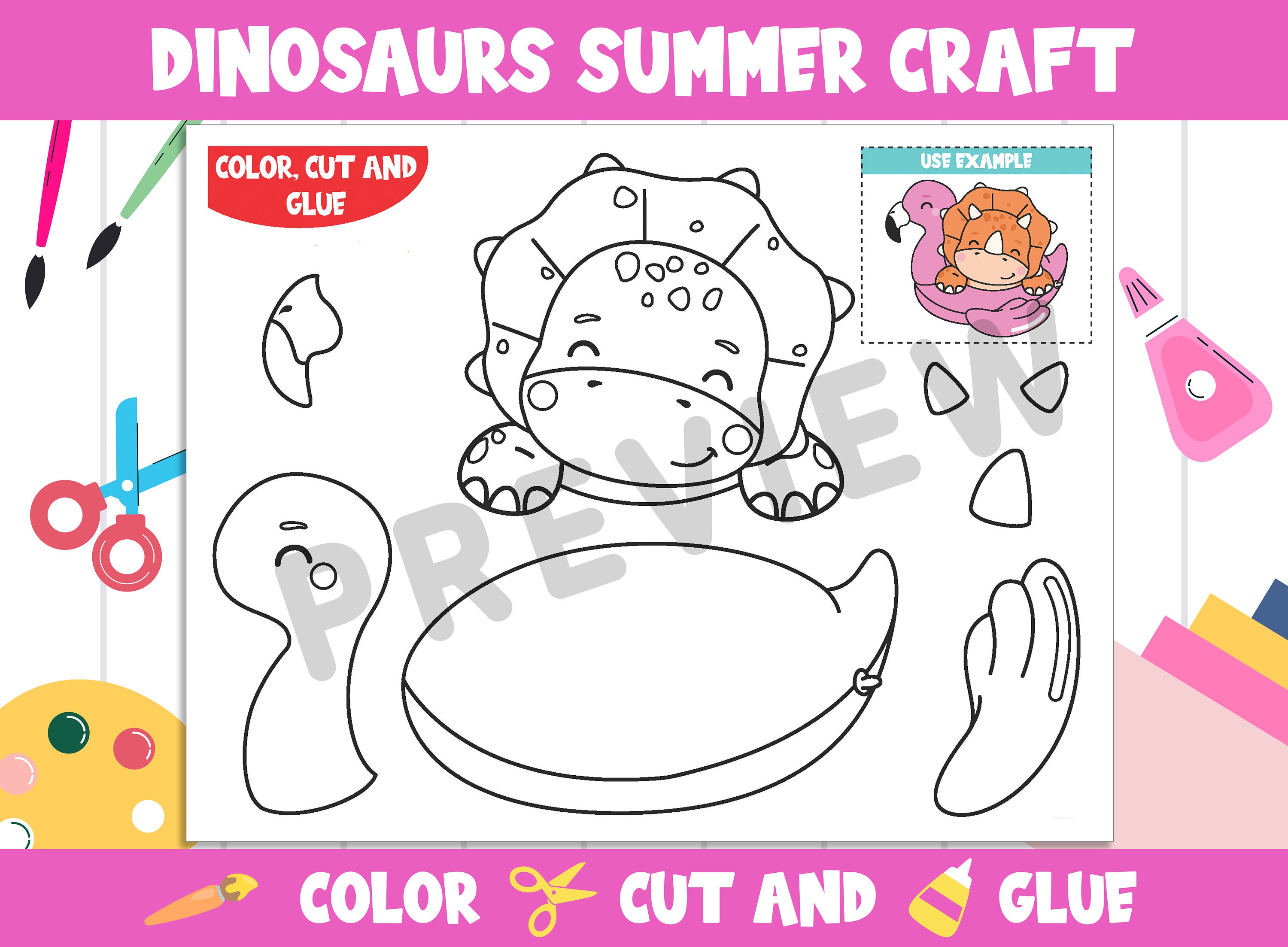 Dinosaurs Summer Craft Activity for Kids : Color, Cut, and Glue for ...