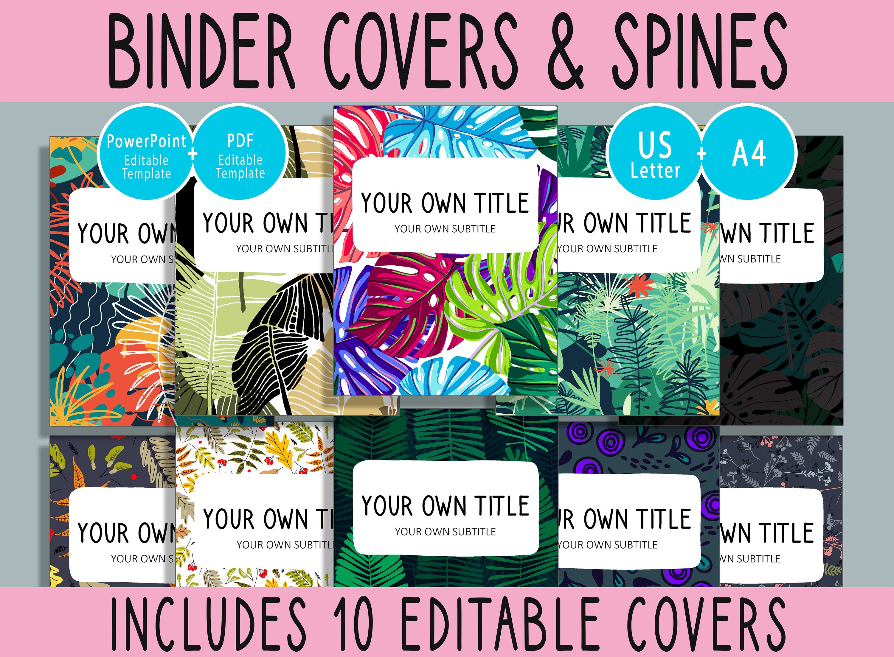 10 Editable Floral Pattern Binder Covers, Includes 1, 1.5, 2" Spines ...