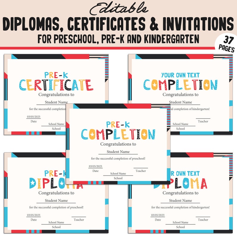 Editable End of the Year Certificates, Diplomas & Invitations for ...