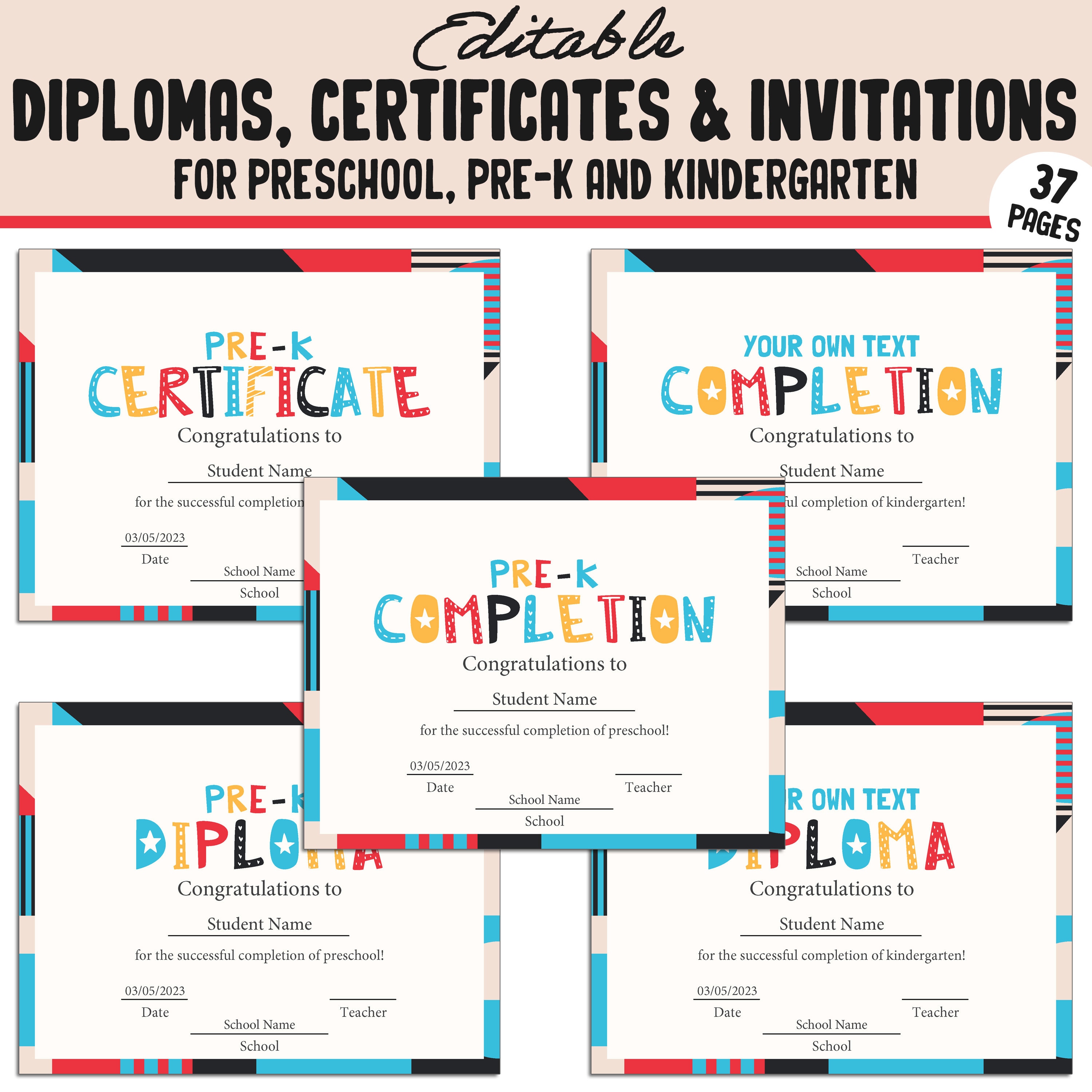 Editable End of the Year Certificates, Diplomas & Invitations for ...
