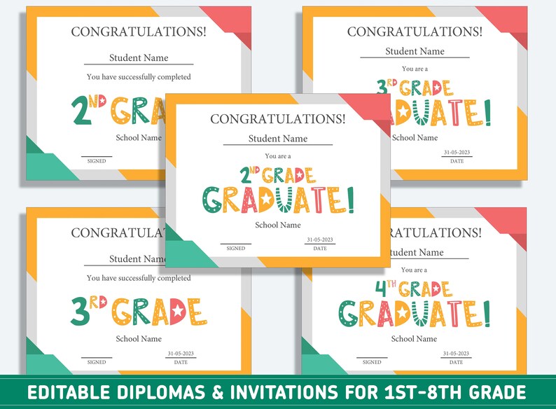 Editable 7th Grade Certificate, 1st to 8th Grade Diploma, Certificate ...