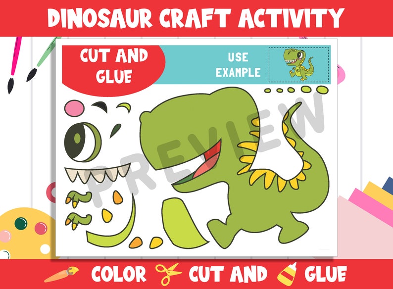 Cute Dinosaur Craft Activity Color, Cut, and Glue for Prek to 2nd Grade ...