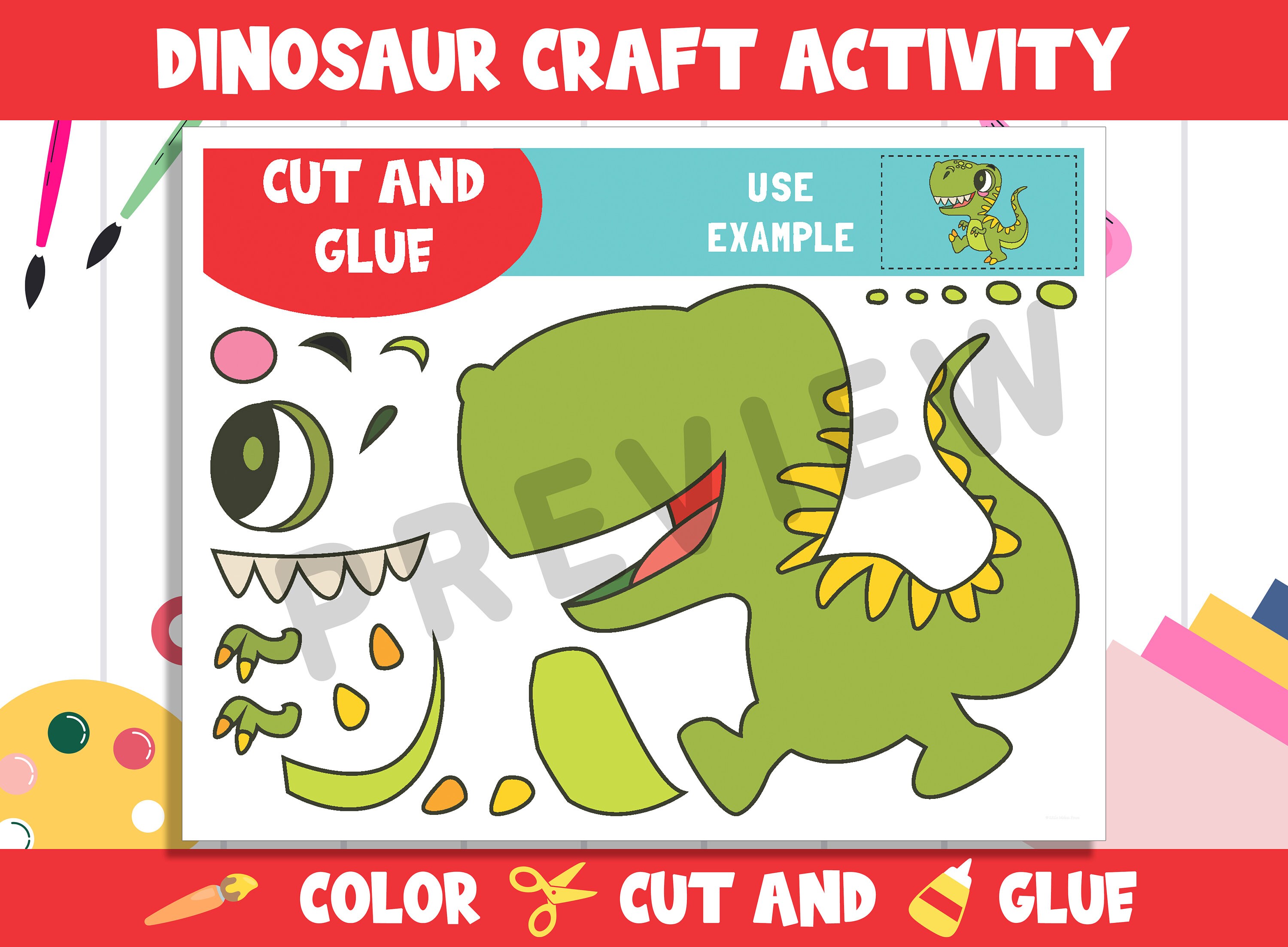 Cute Dinosaur Craft Activity Color, Cut, and Glue for Prek to 2nd Grade ...