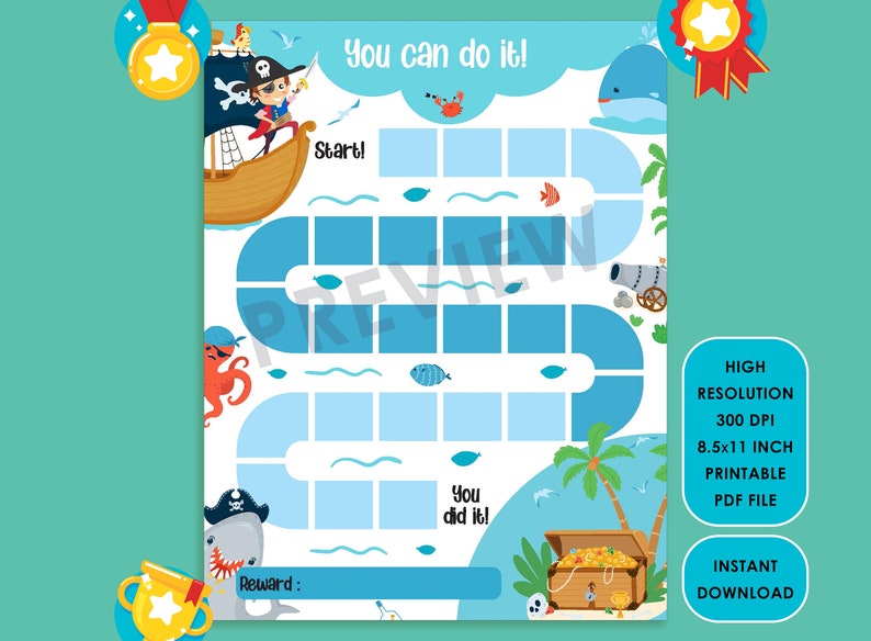 Printable Pirate Reward Chart: Ship & Lighthouse Theme, Boy/girl Chore ...
