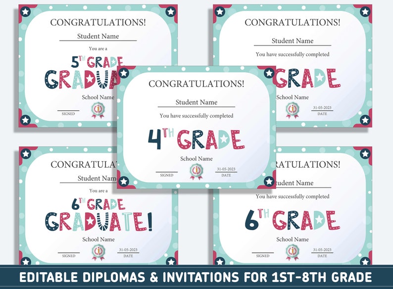 Editable First Grade Awards, 1st to 8th Grade Diploma, Certificate of ...