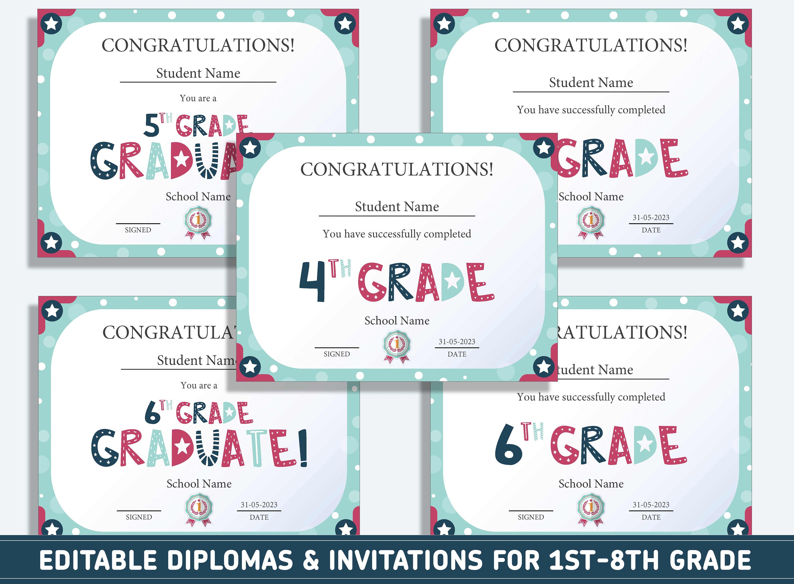 Editable First Grade Awards, 1st to 8th Grade Diploma, Certificate of ...