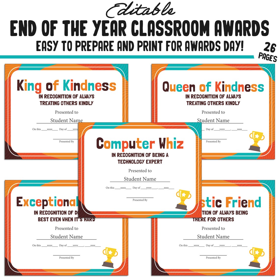 Editable Class Superlative End-of-year Student Awards, 26 Pages, PDF ...