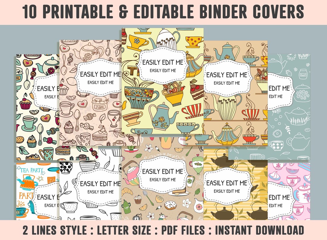 Cups and Teapots Binder Cover, 10 Printable & Editable Binder Covers ...