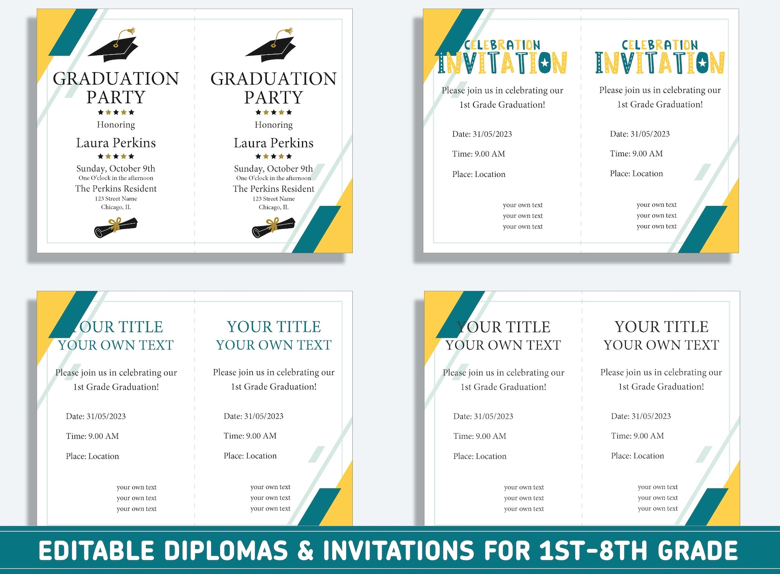 Editable 3rd Grade Graduation, 1st to 8th Grade Diploma, Certificate of ...