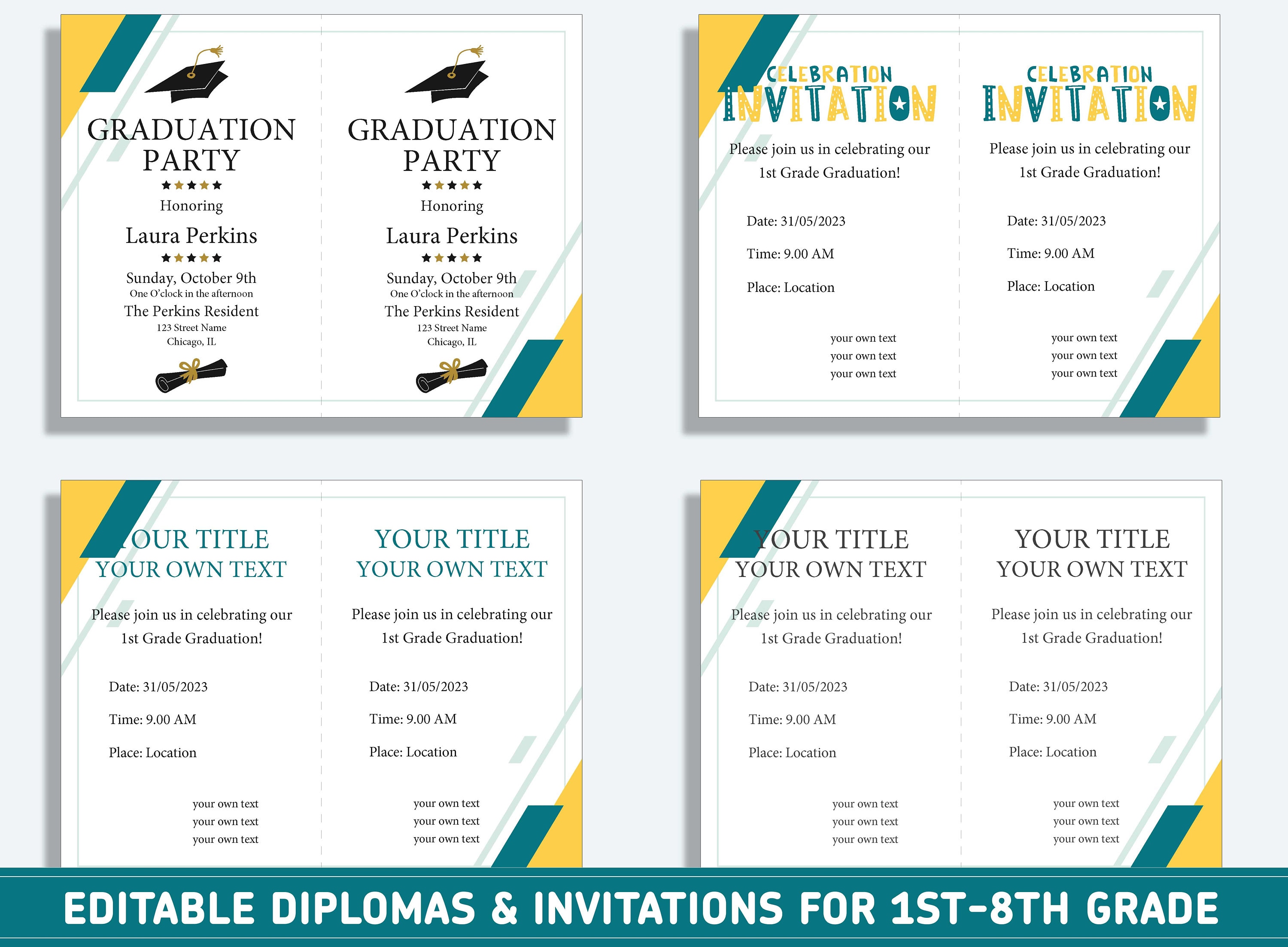 Editable 3rd Grade Graduation, 1st to 8th Grade Diploma, Certificate of ...