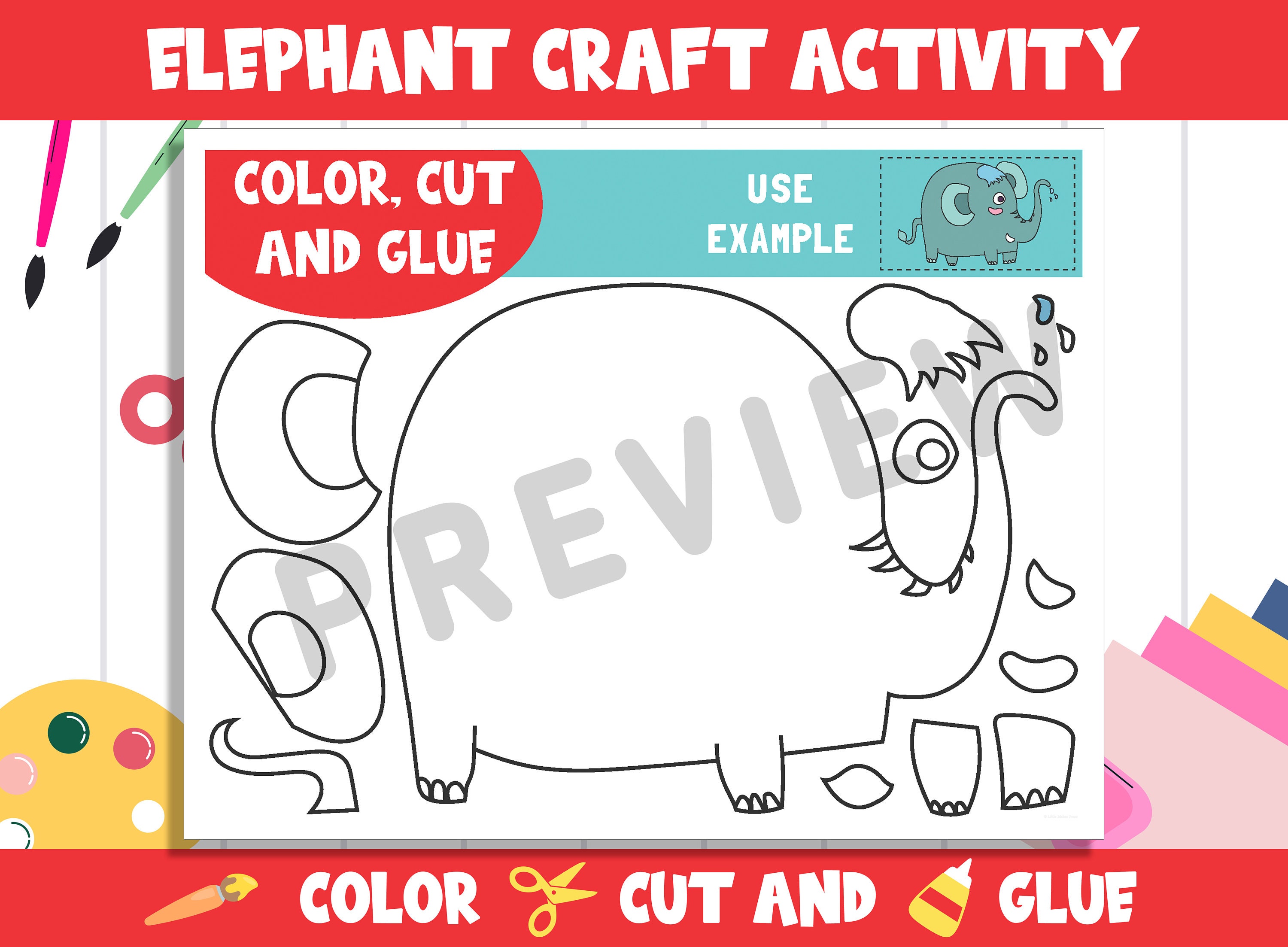 Cute Elephant Craft Activity Color, Cut, and Glue for Prek to 2nd Grade ...