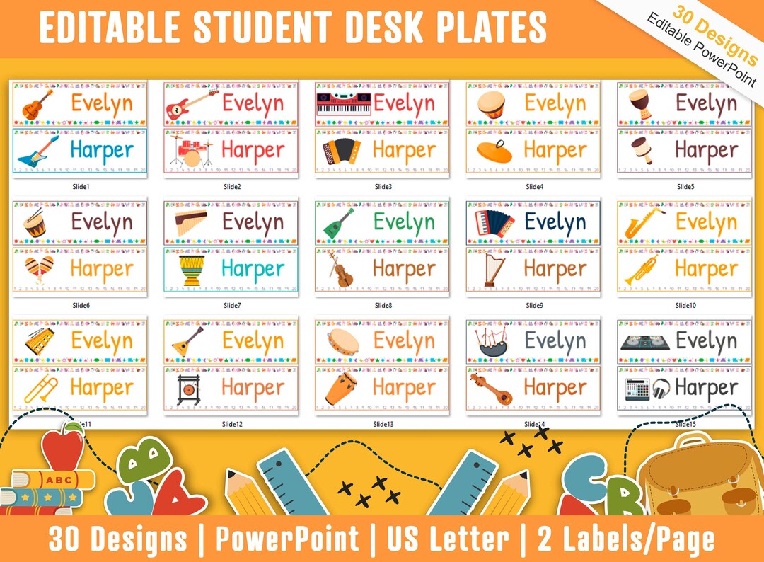 Student Desk Plates 30 Printable/editable Musical Instruments Classroom ...
