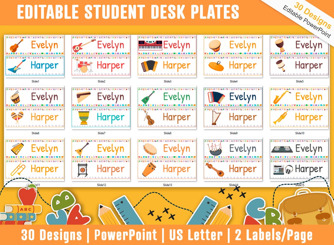 Student Desk Plates 30 Printable/editable Musical Instruments Classroom ...