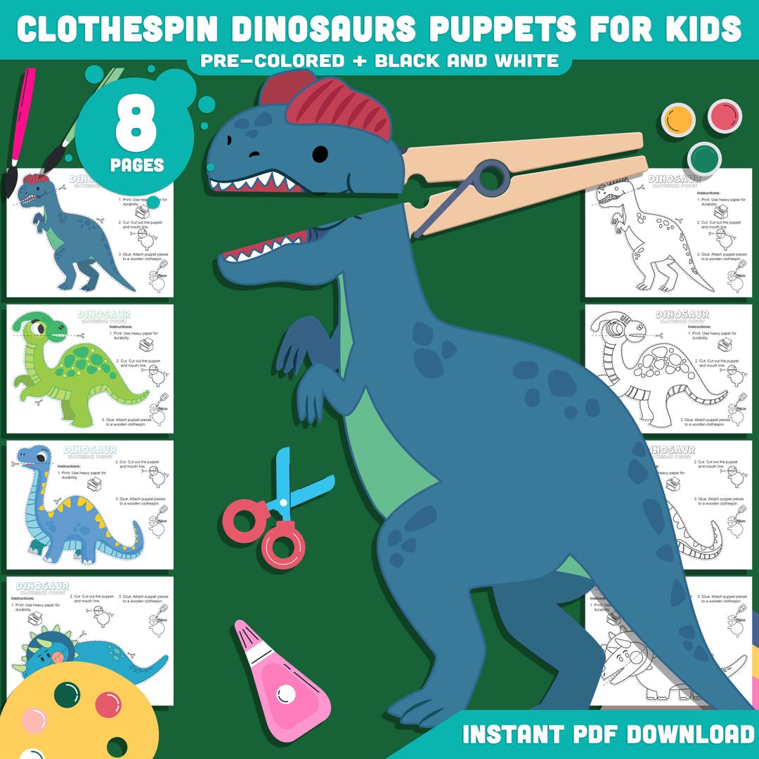 Clothespin Dinosaur Puppets, 8-page Printable Craft With 4 Unique ...