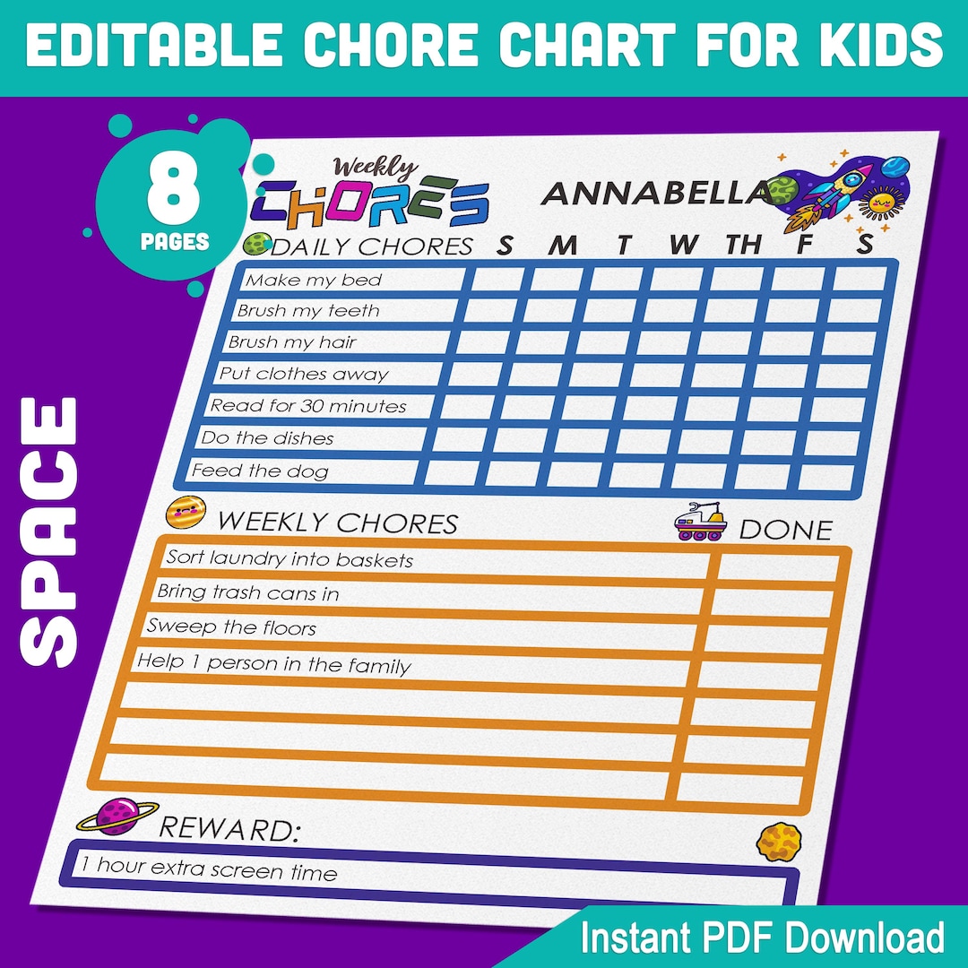 Space-themed Chore Chart for Kids: Printable and Editable ...
