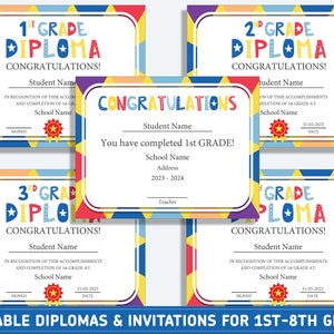 Editable 5th Grade Graduation, 1st to 8th Grade Diploma, Certificate of ...