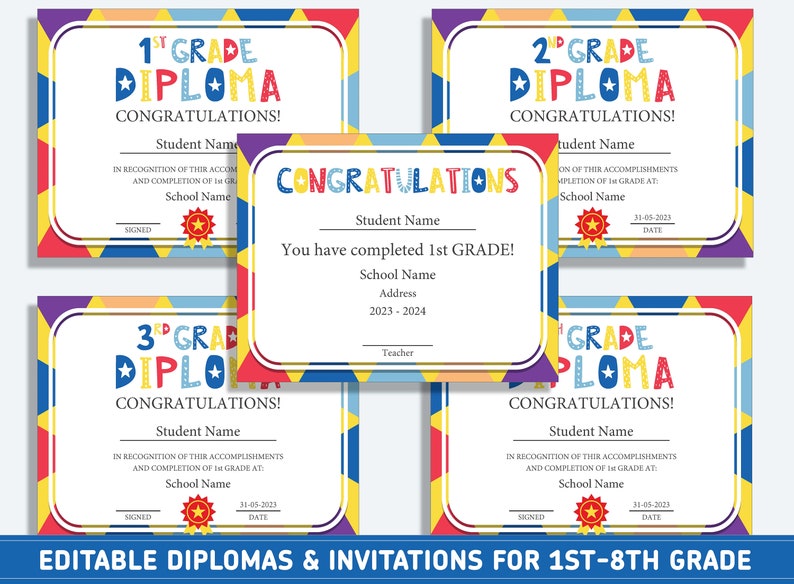 Editable 5th Grade Graduation 1st to 8th Grade Diploma - Etsy