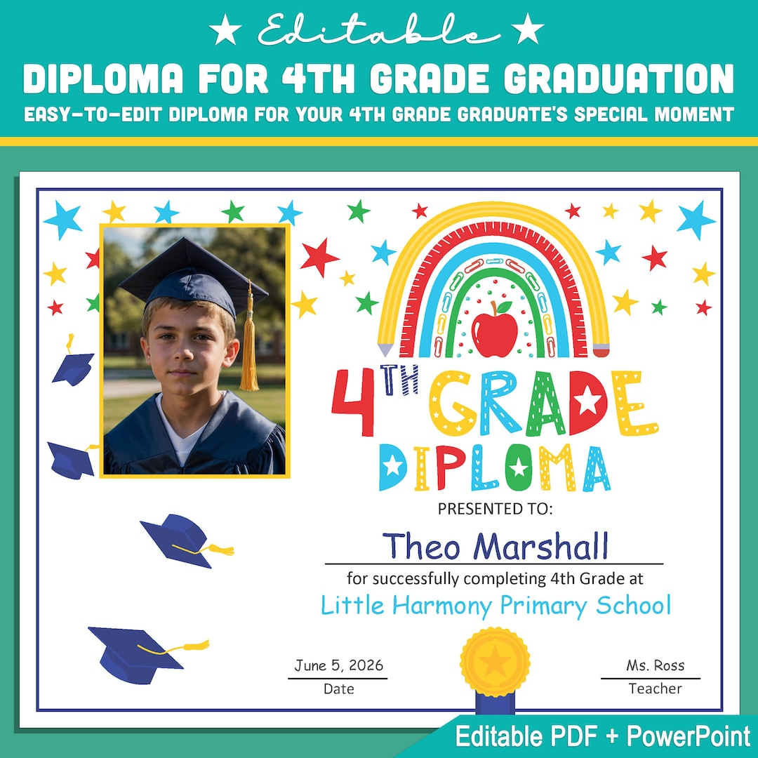 Editable 4th Grade Diploma Template With Photo: Customizable Letter ...