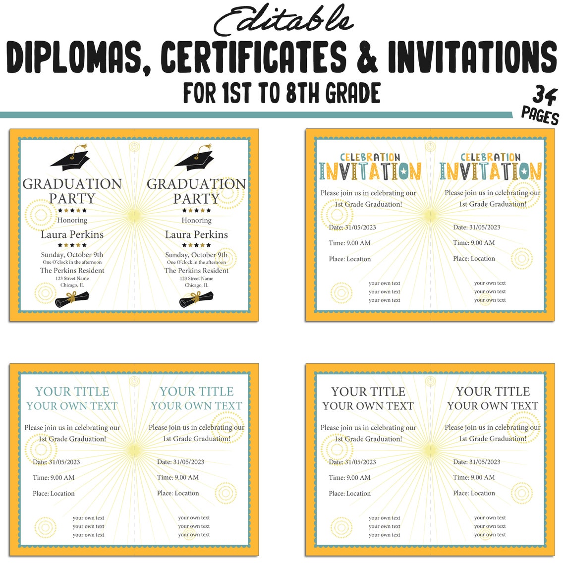 34 Editable First Grade Diplomas, 1st-8th Grade Certificates, Diplomas ...