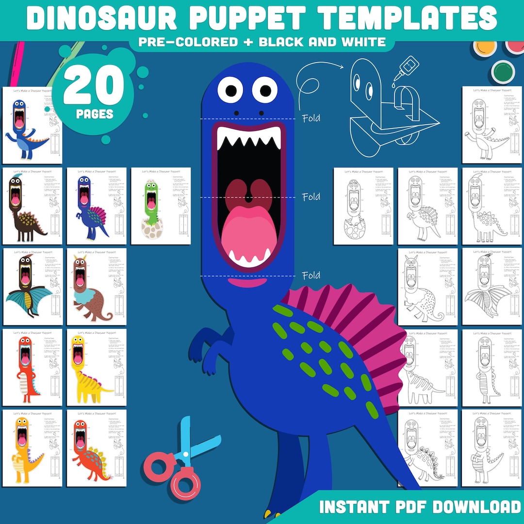 Printable Dinosaur Puppet Templates for Kids: 20-page DIY Paper Craft ...