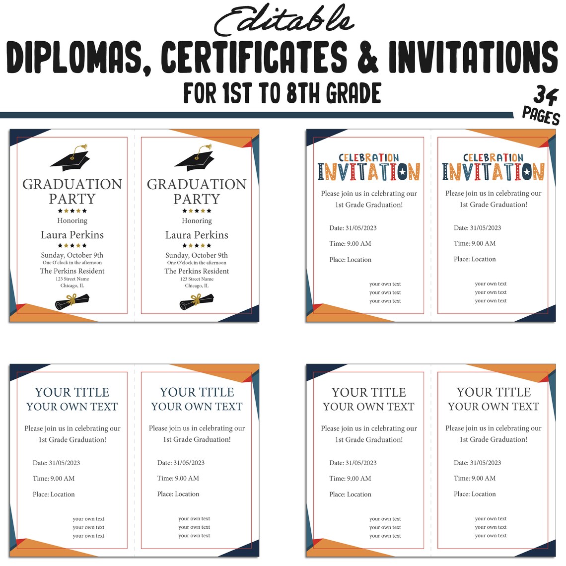 Printable 4th Grade Diplomas, Editable Certificates for 1st-8th Grades ...