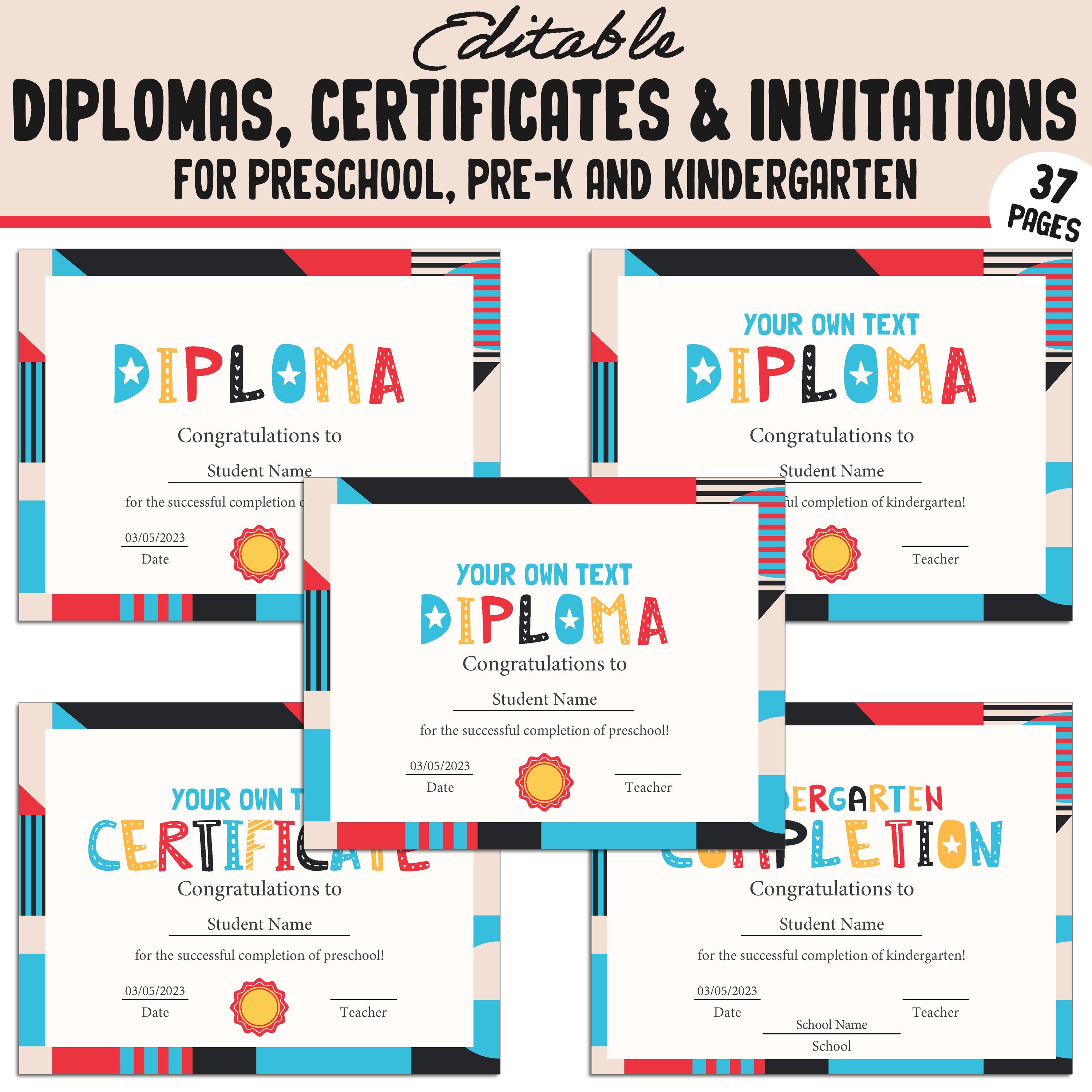 Editable End of the Year Certificates, Diplomas & Invitations for ...