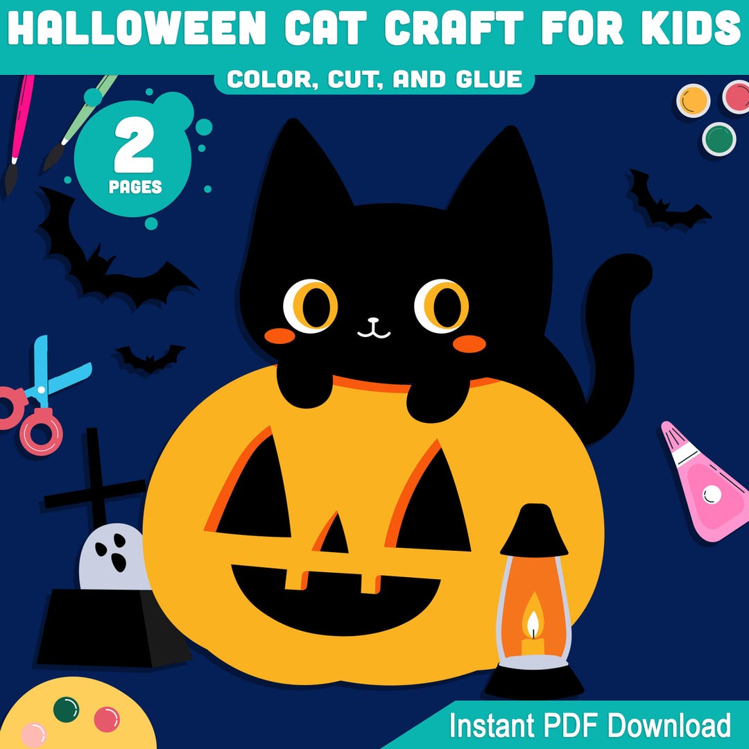 Printable Halloween Cat Craft for Kids, Fun Color Cut and Glue Activity ...