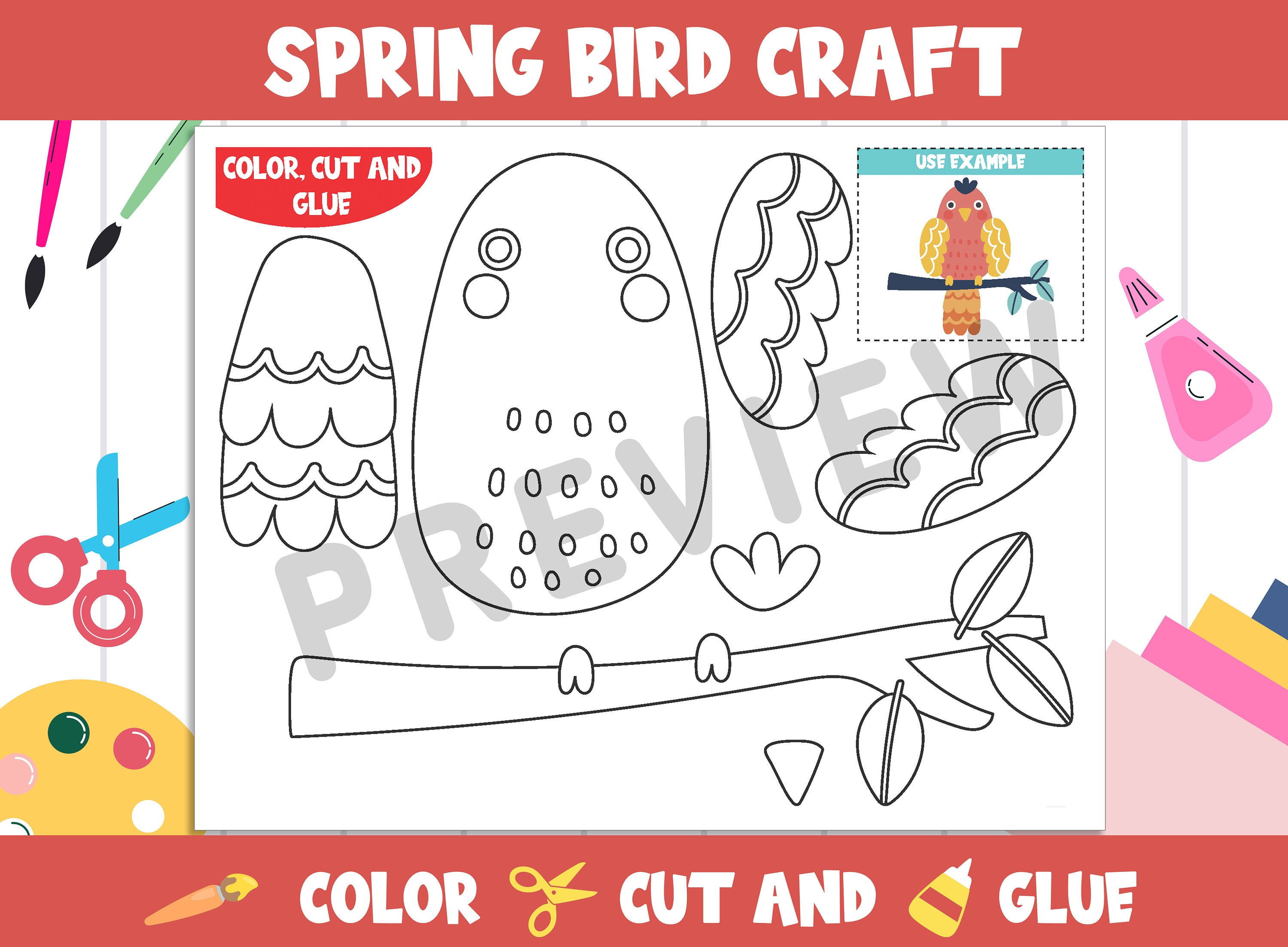 Spring Bird Spring Craft Activity for Kids : Color, Cut, and Glue for ...