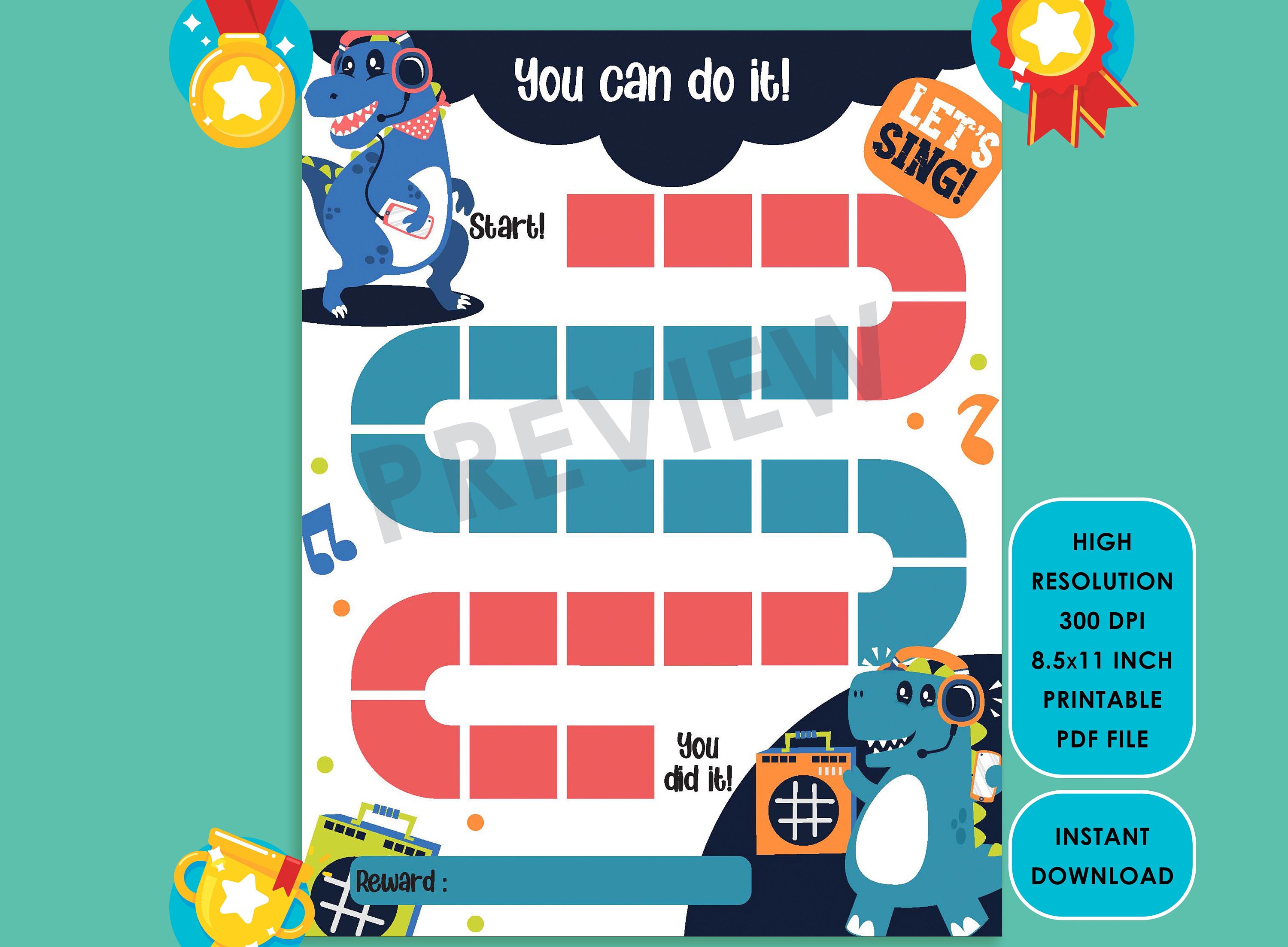 Printable Dinosaur Playing Music Reward Chart for Kids: 2 Fun Designs ...