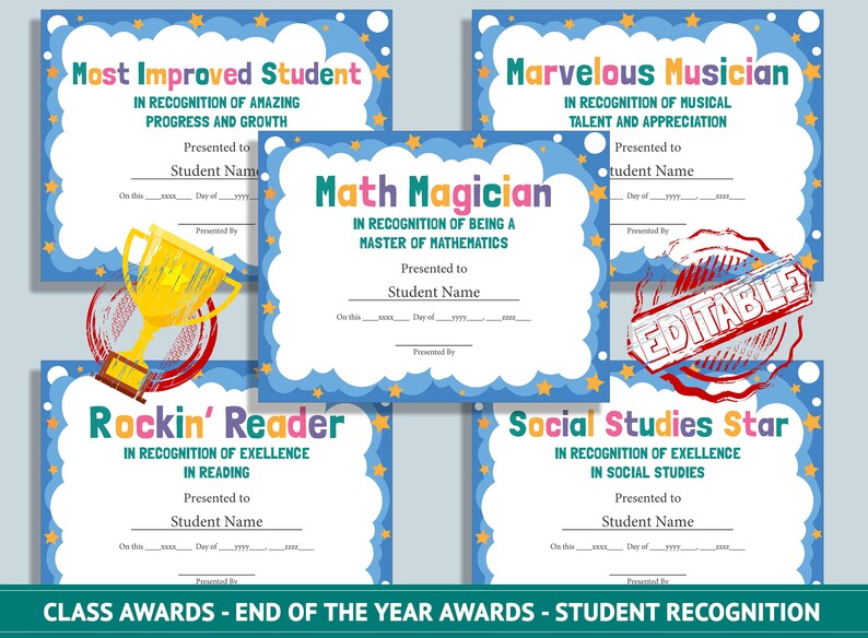 26 Editable Class Awards - End of the Year Awards - Student Recognition ...