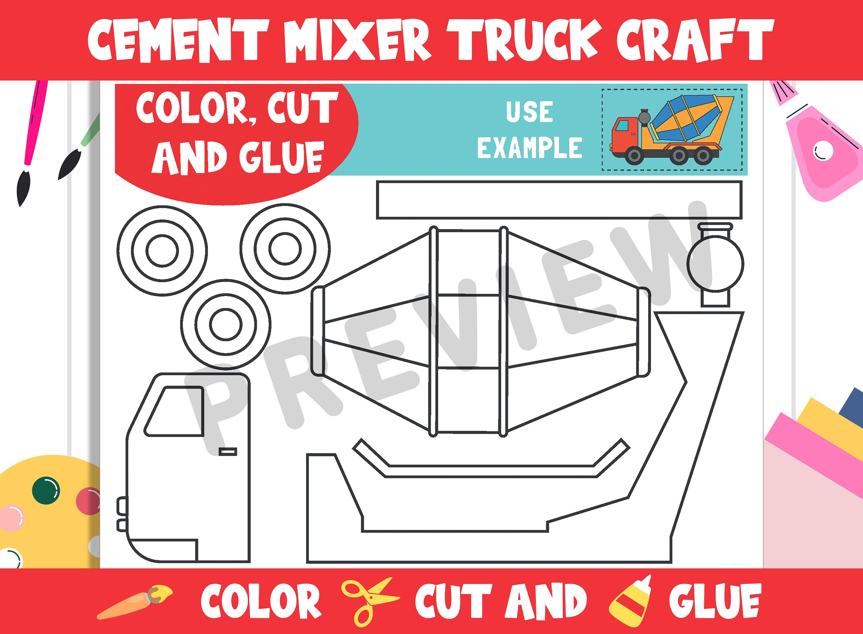 Cement Mixer Truck Craft Activity Color, Cut, and Glue for Prek to 2nd ...