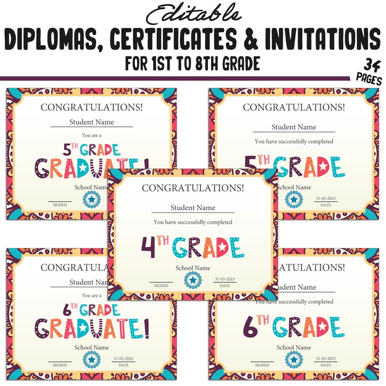 Editable 8th Grade Diplomas, 1st-8th Grade Certificates, and Invitation ...