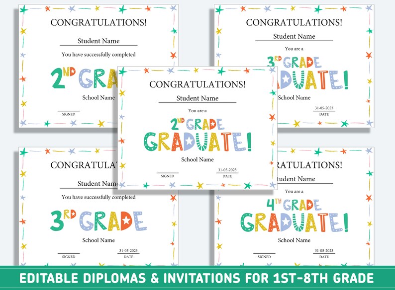 Editable 2nd Grade Awards, 1st to 8th Grade Diploma, Certificate of ...