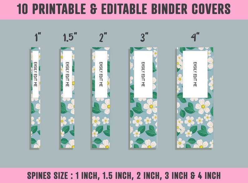 Flowers and Leaves Binder Cover, 10 Printable & Editable Coversspines ...