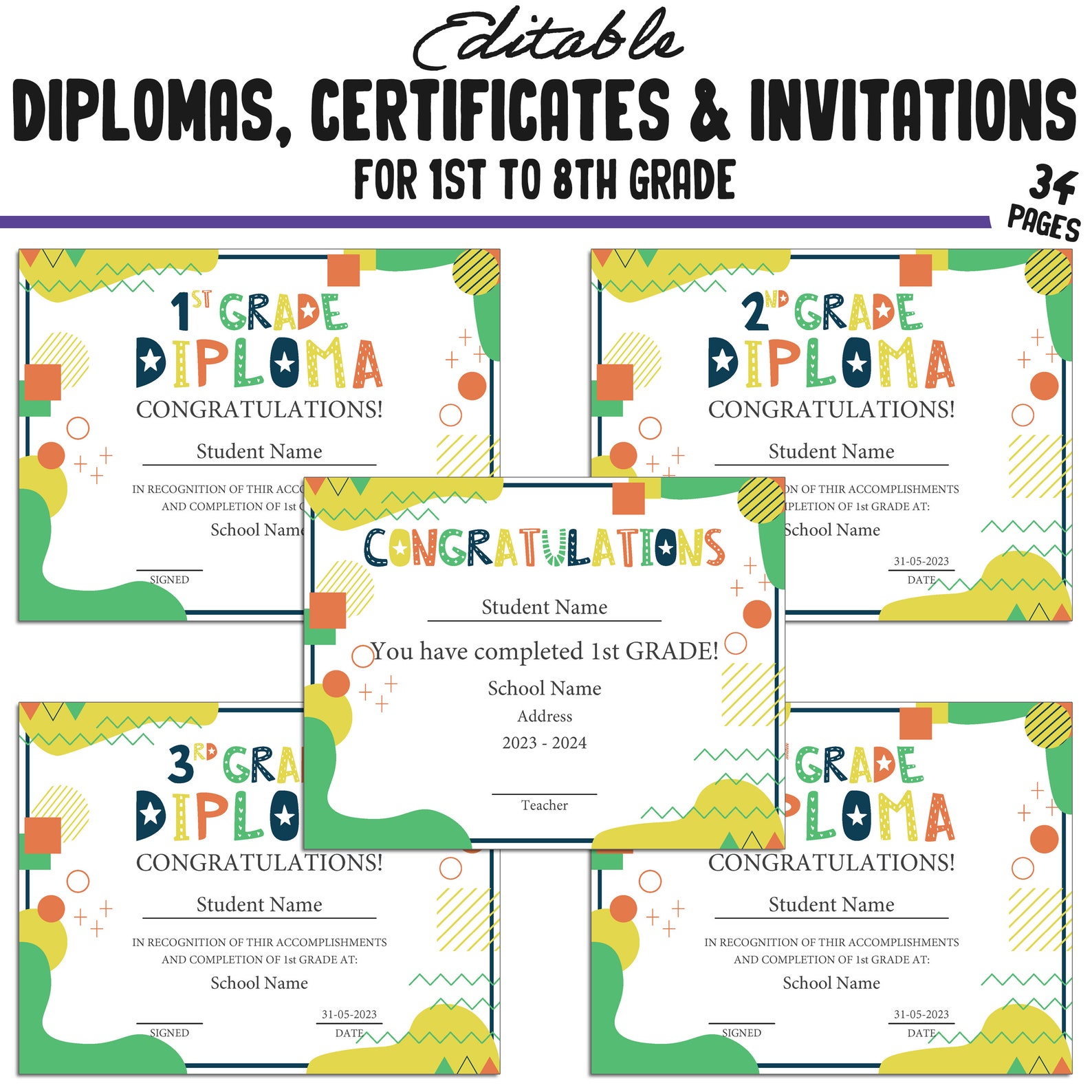 34 Editable First Grade Diplomas, 1st-8th Grade Certificates, Diplomas ...