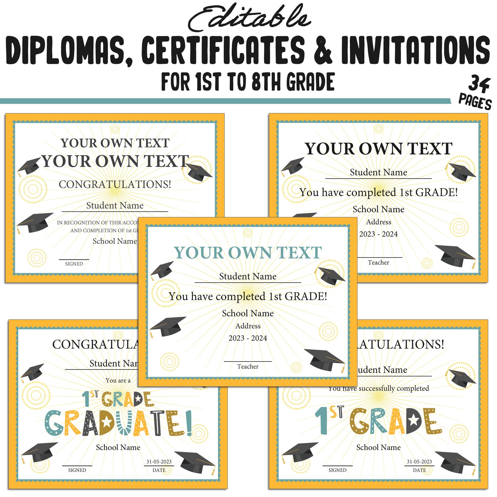 34 Editable First Grade Diplomas, 1st-8th Grade Certificates, Diplomas ...