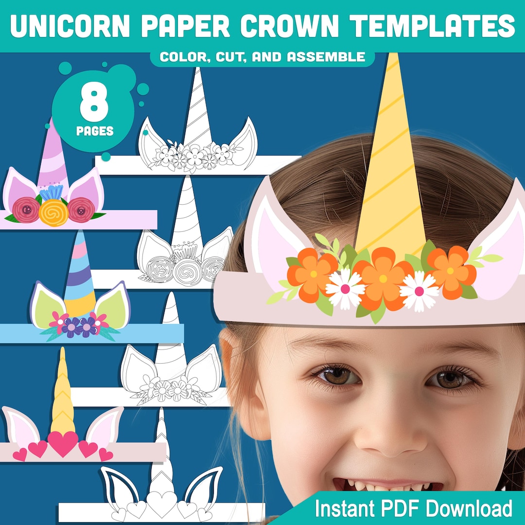 Unicorn Paper Crown Templates, Fun Printable Headband Craft for Kids, 8 ...