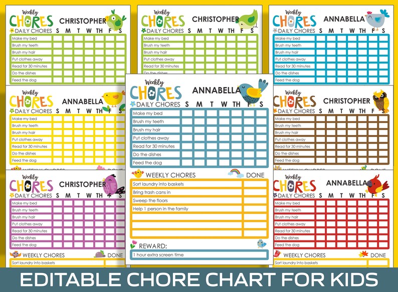 Bird-themed Chore Chart for Kids: 8 Printable and Editable ...