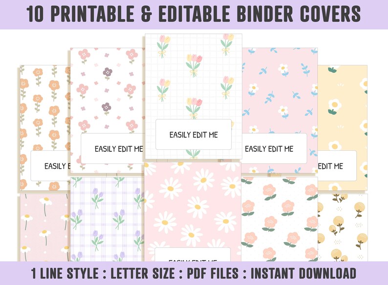 Flower Binder Cover, 10 Coversspines, Binder Cover Printable, Editable ...