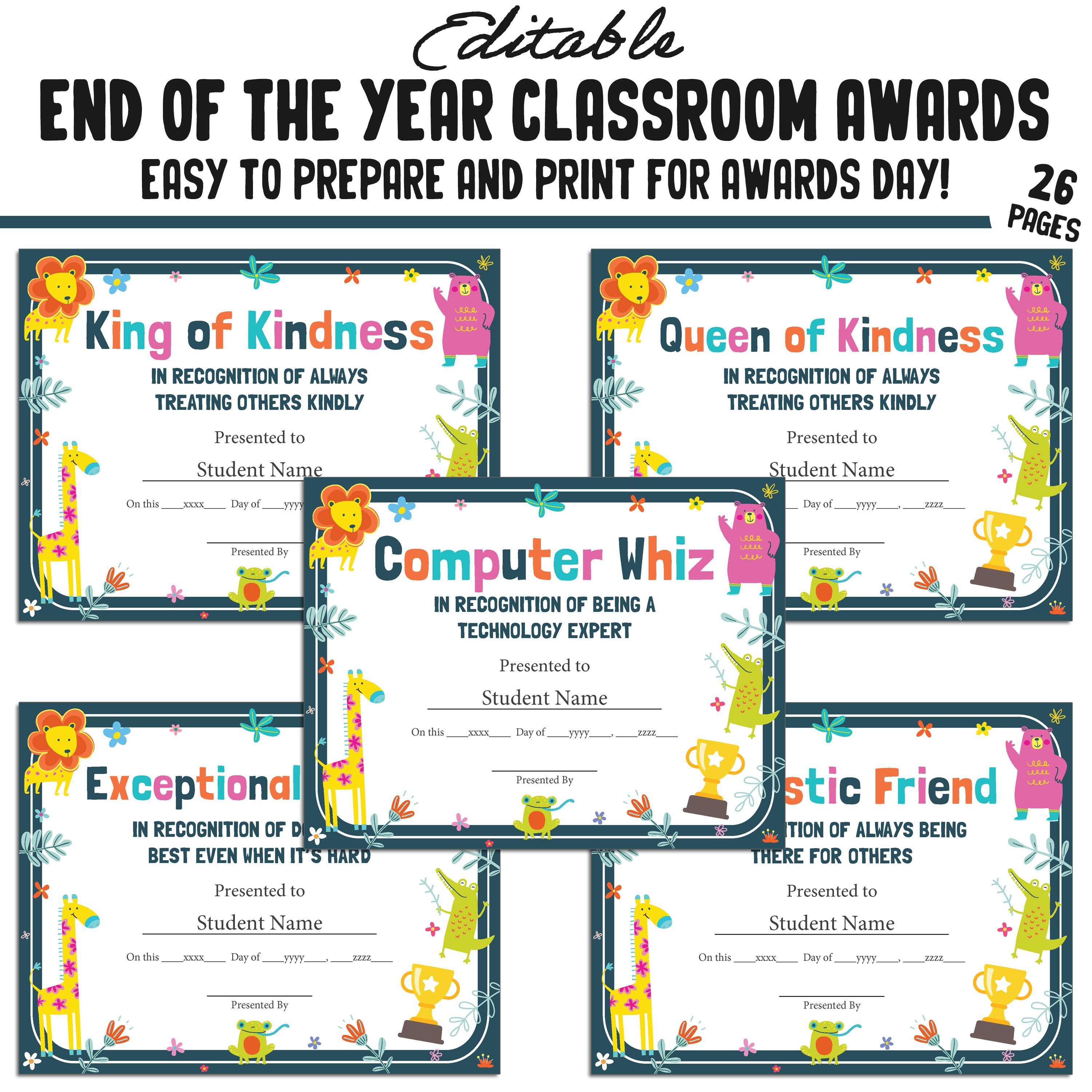 Printable & Editable Class Superlative Fun Classroom Awards for the End ...