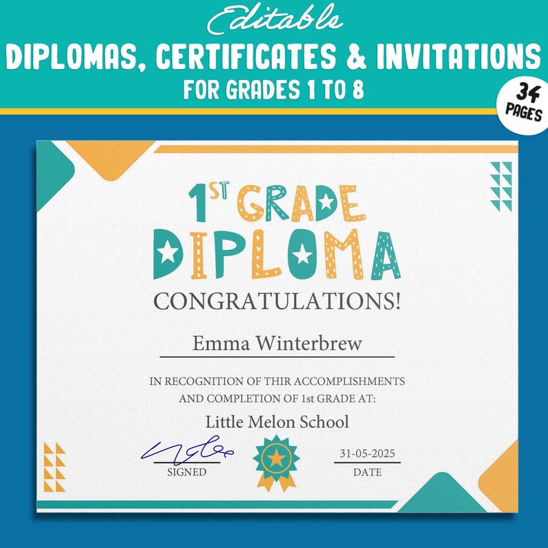 Editable 1st Grade Diploma, Second to 8th Grade Diploma, Certificate of ...
