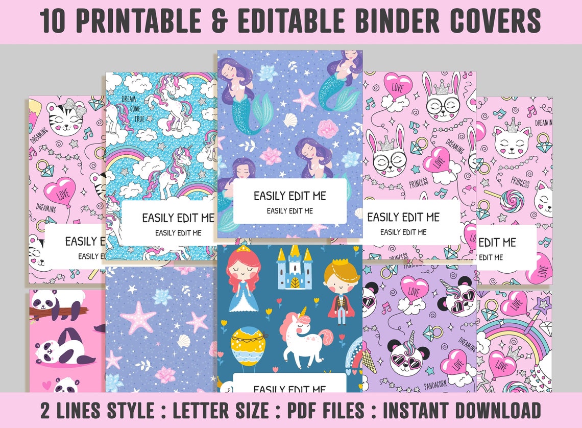 Binder Cover for Girls 10 Printable & Editable Binder - Etsy