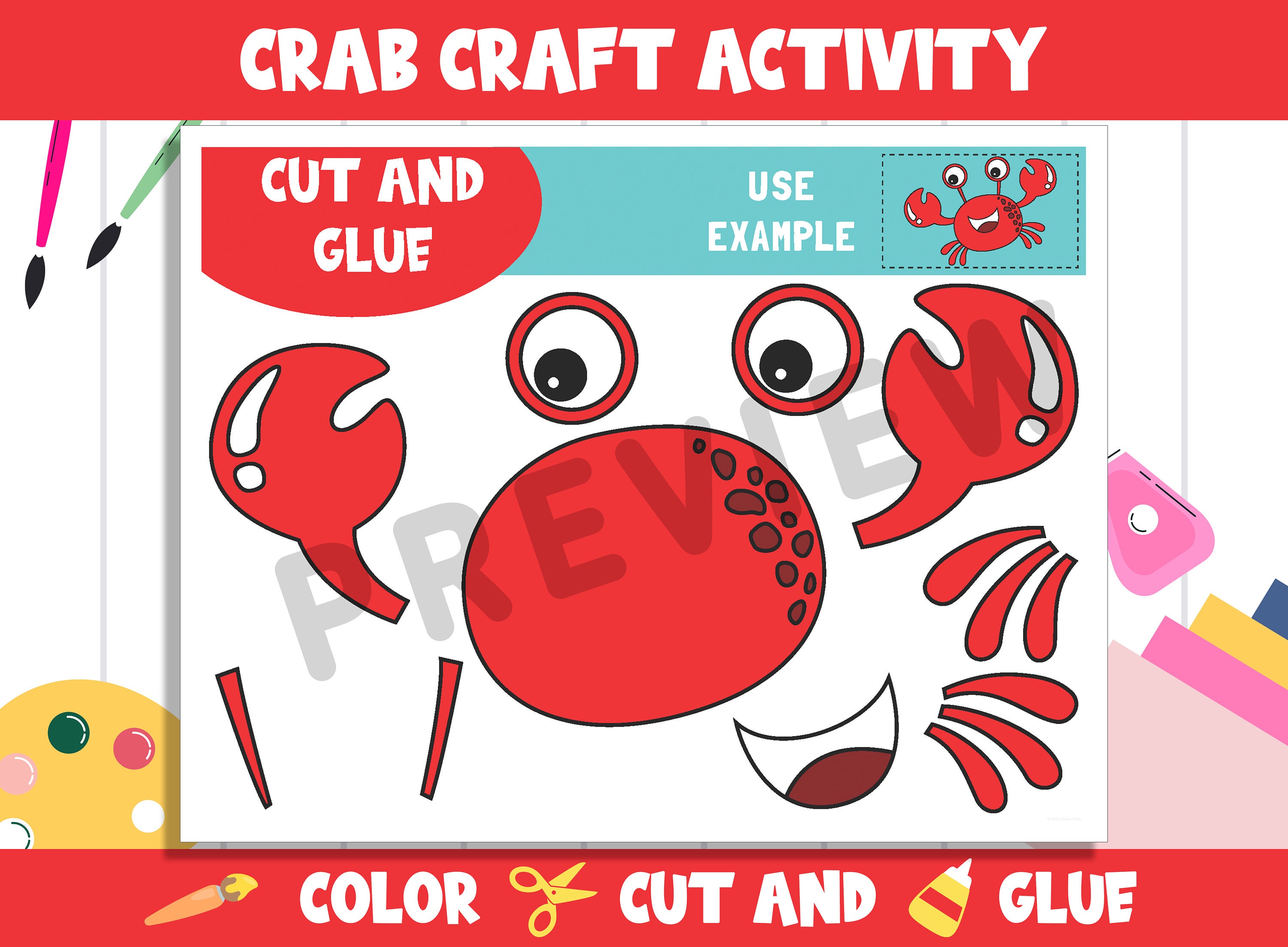 Cute Crab Craft Activity Color Cut and Glue for Prek to - Etsy