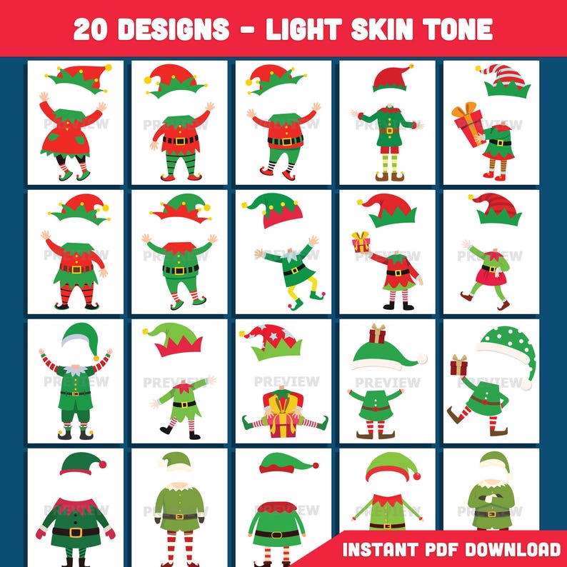 Printable Christmas Elf Body Templates, 20 Designs in Light and Dark ...