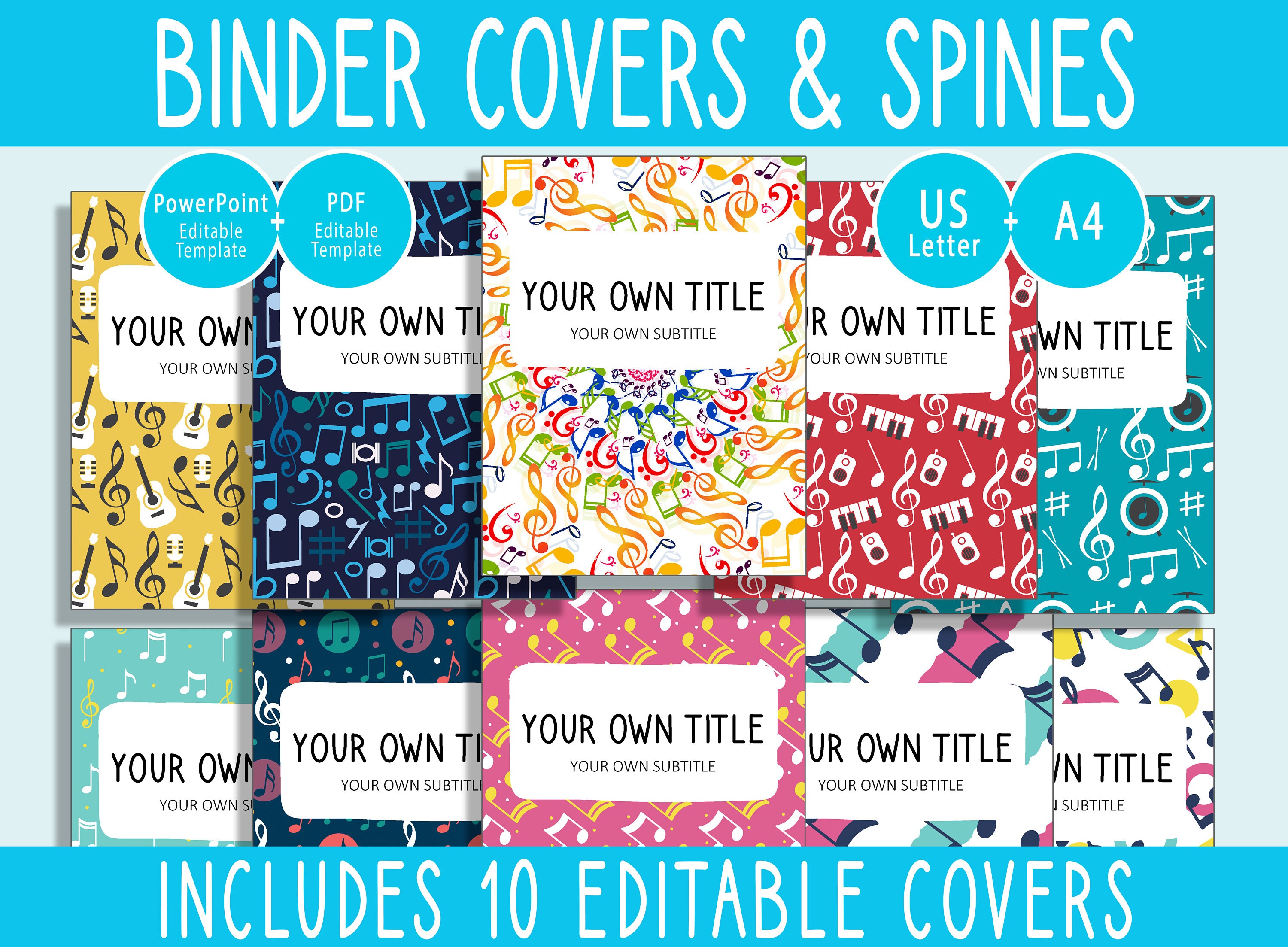 10 Editable Musical Notes Binder Covers, Includes 1, 1.5, 2" Spines ...
