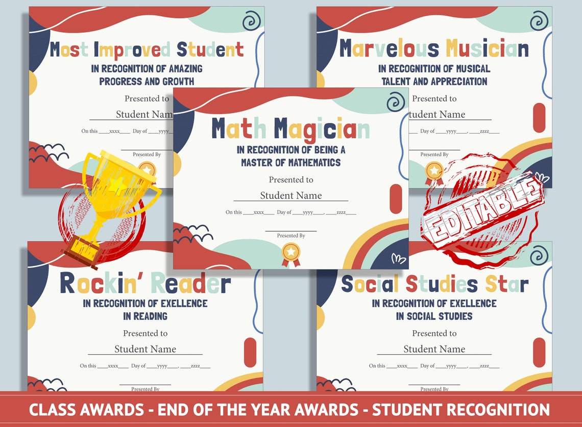 Editable Classroom Certificates End of the Year Awards Student ...