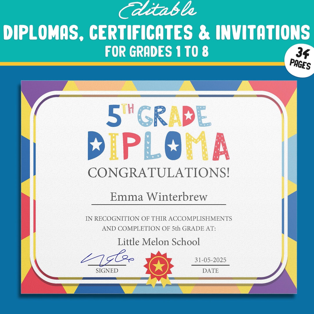 Editable 5th Grade Graduation, 1st to 8th Grade Diploma, Certificate of ...