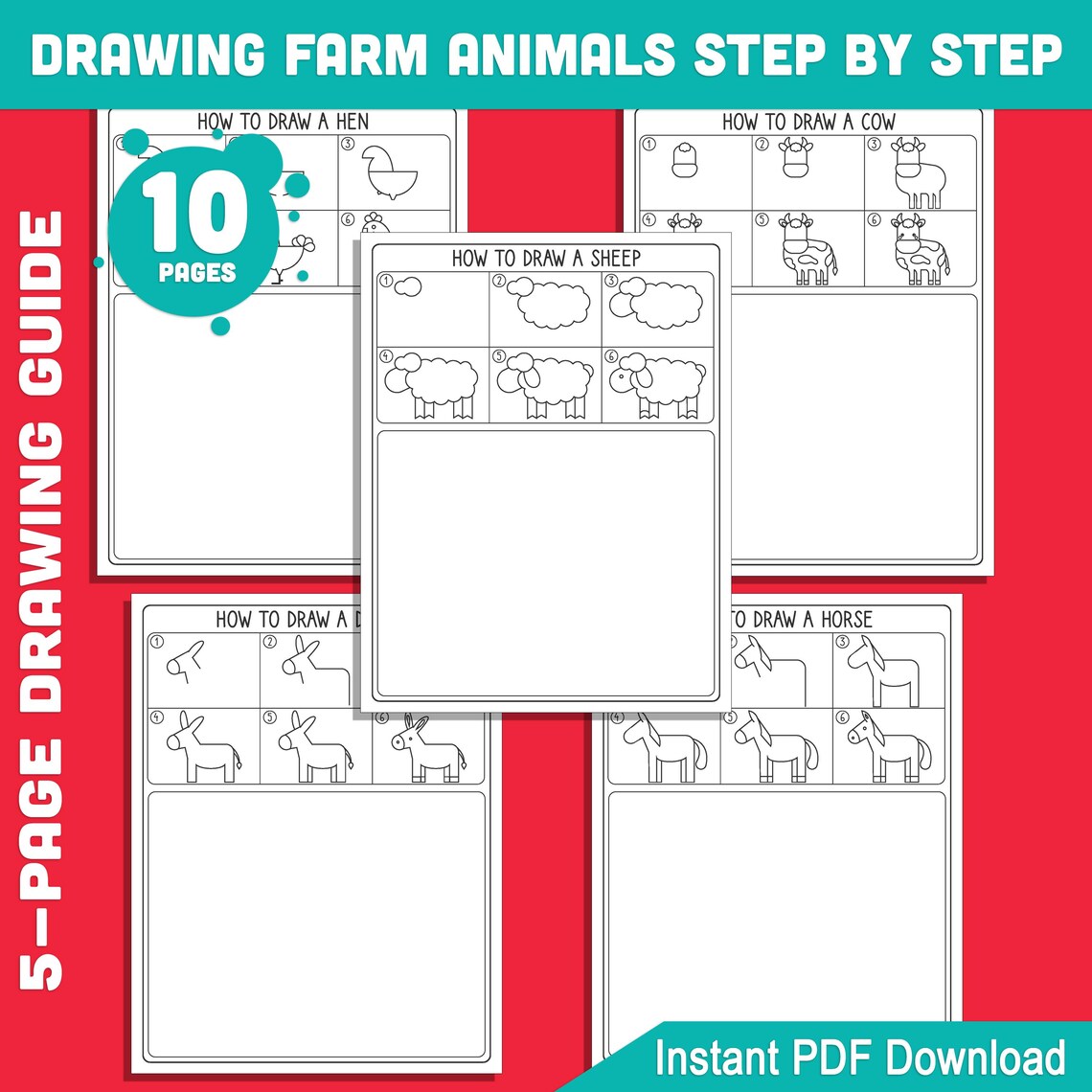 Drawing Farm Animals Step by Step, 5 Easy Guides & Fun Coloring Pages ...
